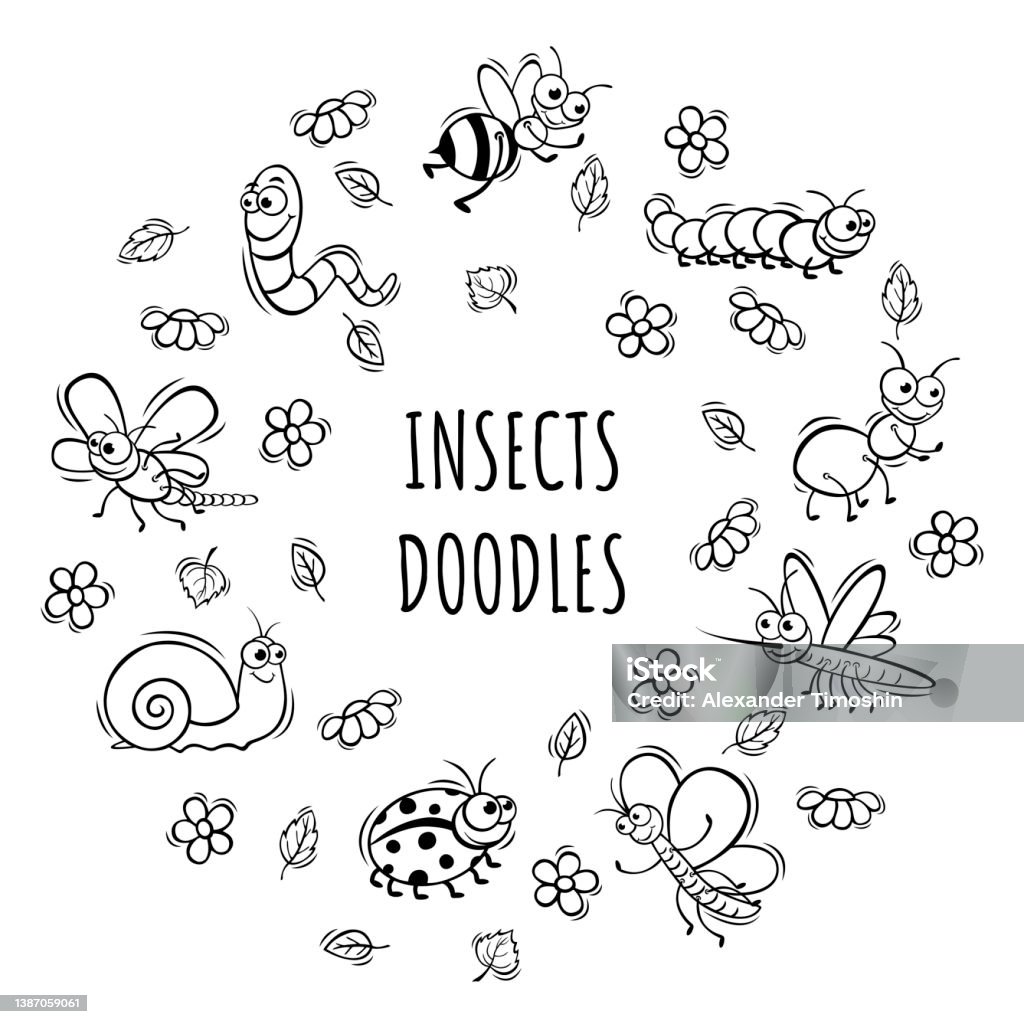 Ensemble Dicônes Dessinées À La Main Dinsecte Mignon Dans Le Style De