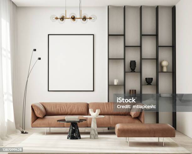 Bingkai Poster Mock Up Dengan Latar Belakang Interior Modern Ruang Tamu