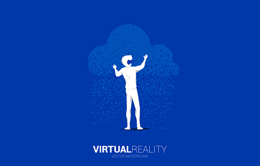 Pria Siluet Memakai Kacamata Vr Dengan Piksel Awan Konsep Teknologi
