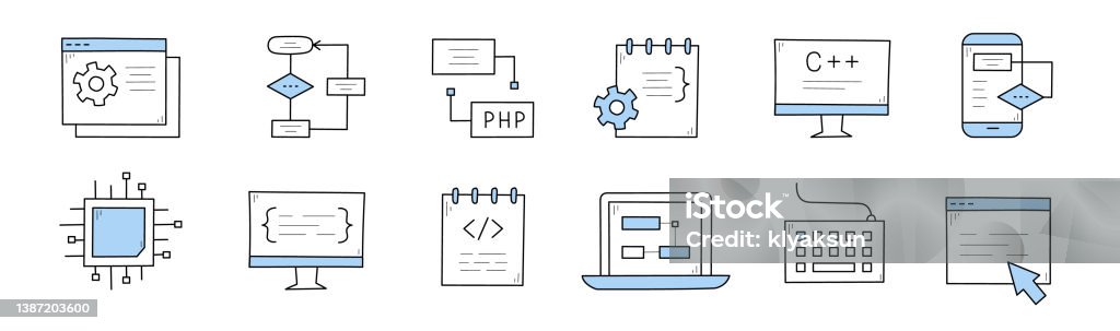 Coding Dan Pemrograman Doodle Ikon Vektor Set Ilustrasi Stok Unduh