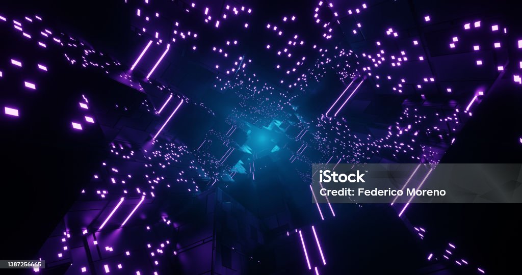 Terowongan Futuristik Dengan Struktur Logam Dan Lampu Neon Latar