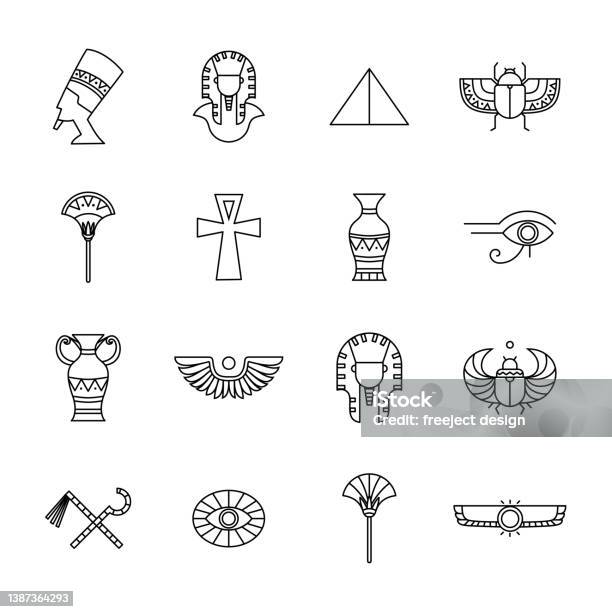 Set Desain Ikon Mesir Kuno Simbol Agama Dan Budaya Mesir Ilustrasi Stok