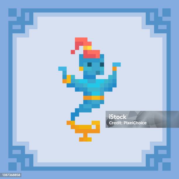 Genie Appear From Magic Lamp Pixel Art Character Vector Illustration