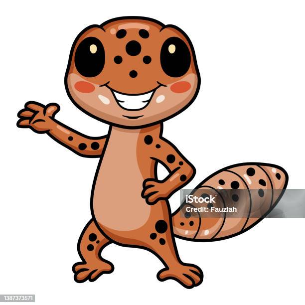 Lucu Leopard Tokek Kartun Melambaikan Tangan Ilustrasi Stok Unduh