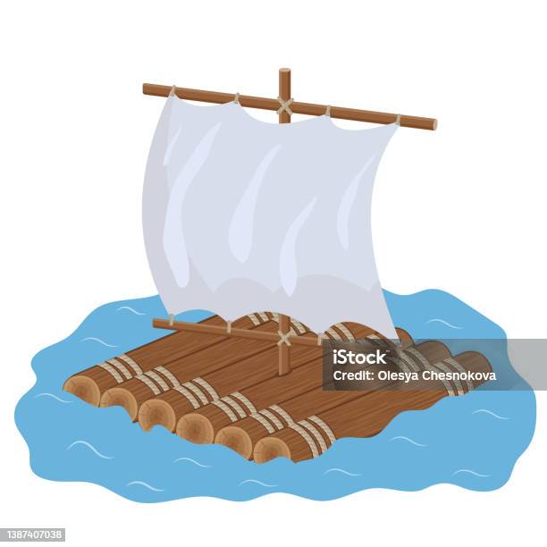 Holzfloß Mit Segel Farblich Isolierte Vektorillustration Im Cartoonstil ... Holzfloß Mit Segel Farblich Isolierte Vektorillustration Im Cartoonstil ...