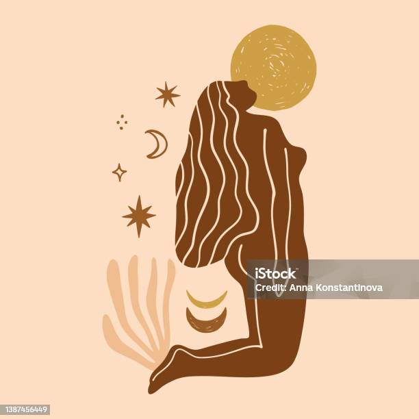 Boho Sacred Magic Meditating Woman Vector Illustration Stock