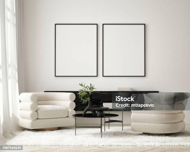 Bingkai Poster Mock Up Dengan Latar Belakang Interior Modern Ruang Tamu