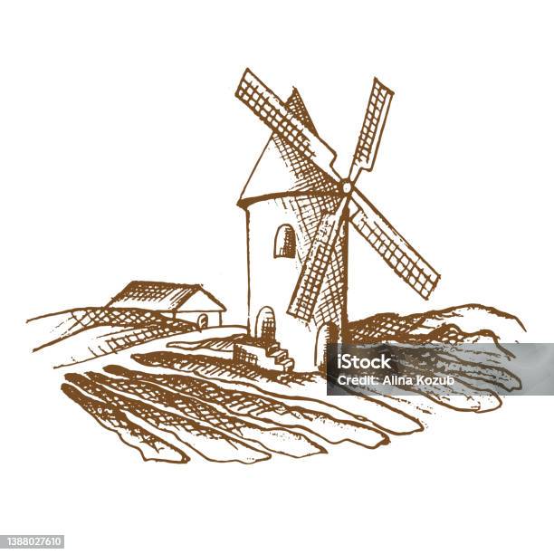 Kincir Angin Yang Indah Di Antara Doodle Yang Digambar Tangan Bidang