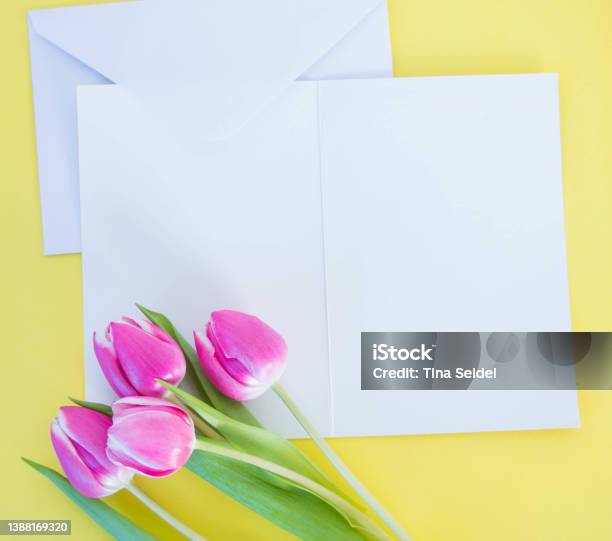 Kartu Putih Dan Amplop Di Tanah Kuning Dengan Tulip Merah Muda Dengan ... Kartu Putih Dan Amplop Di Tanah Kuning Dengan Tulip Merah Muda Dengan ...