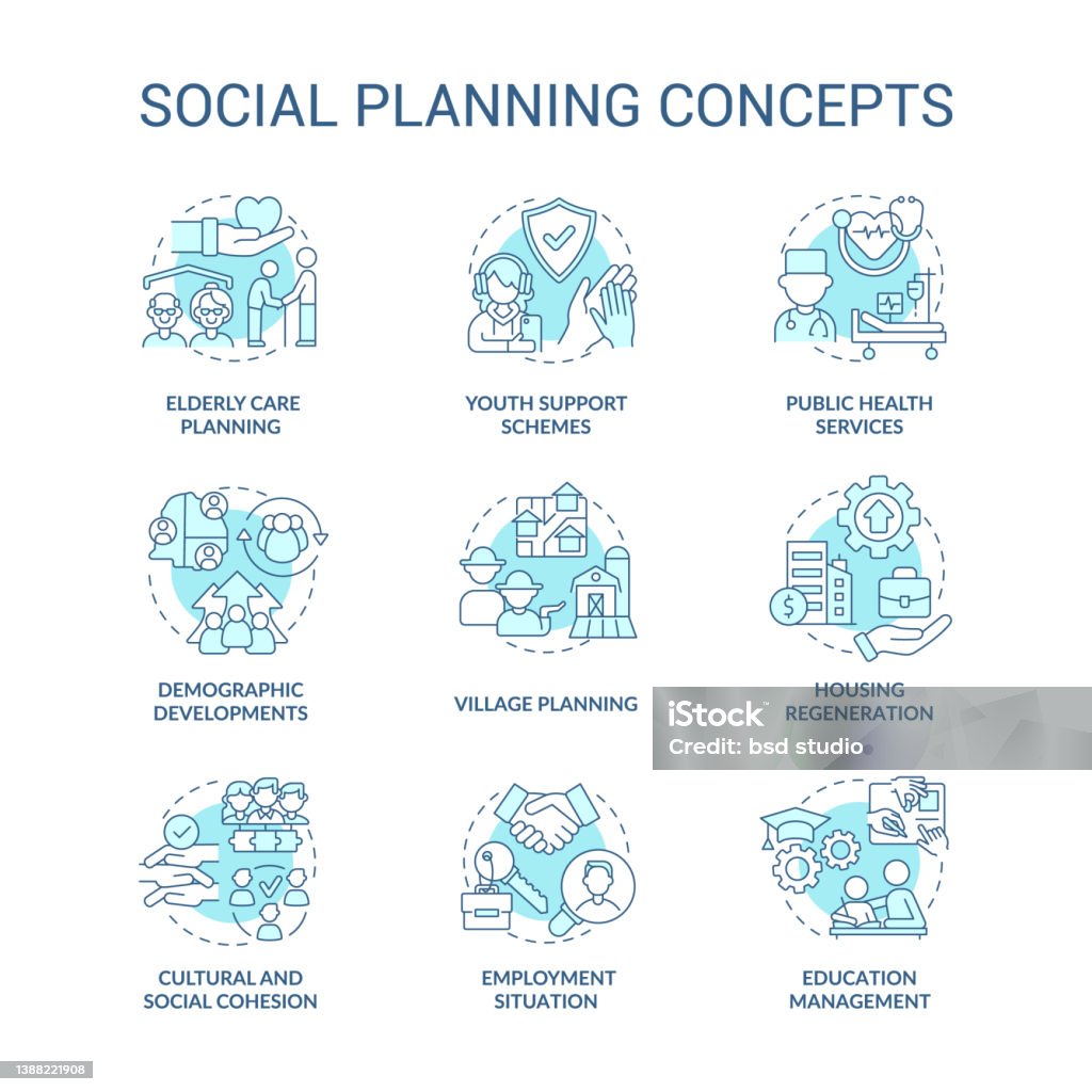 Social Planning Turquoise Concept Icons Set Stock Illustration