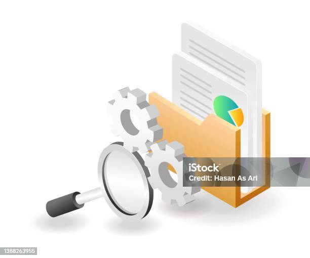 Ilustrasi Konsep Isometrik Datar Proses Mencari Data Di Folder Analisis