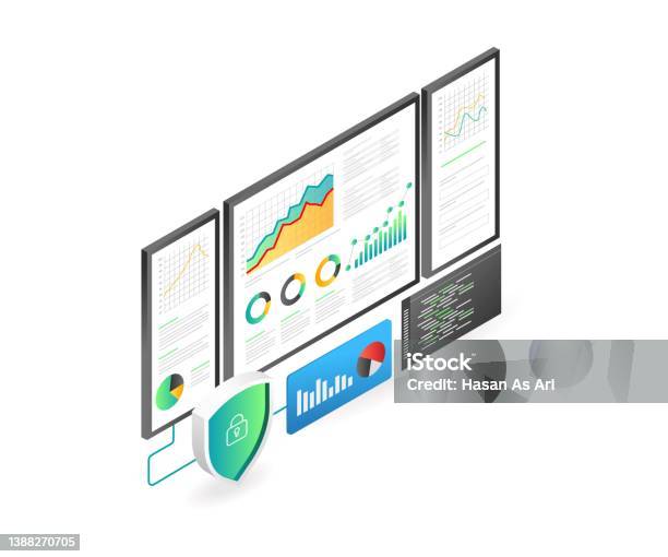 Ilustrasi Isometrik Datar Konsep Halaman Landing Monitor Data Analisis