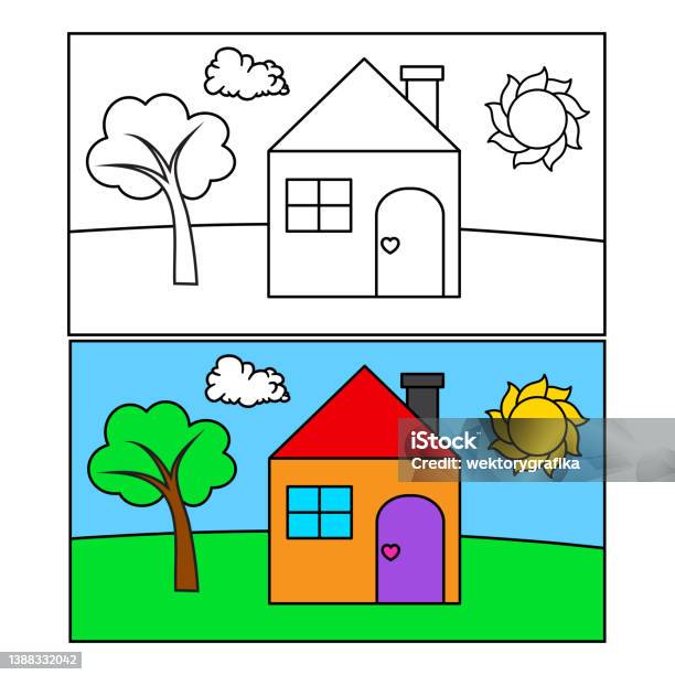 Dessin Denfant Avec Le Soleil De La Maison Et Larbre Illustration