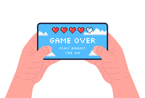 Pria Memegang Smartphone Dan Bermain Game Seni Piksel Game Over Di ... Pria Memegang Smartphone Dan Bermain Game Seni Piksel Game Over Di ...
