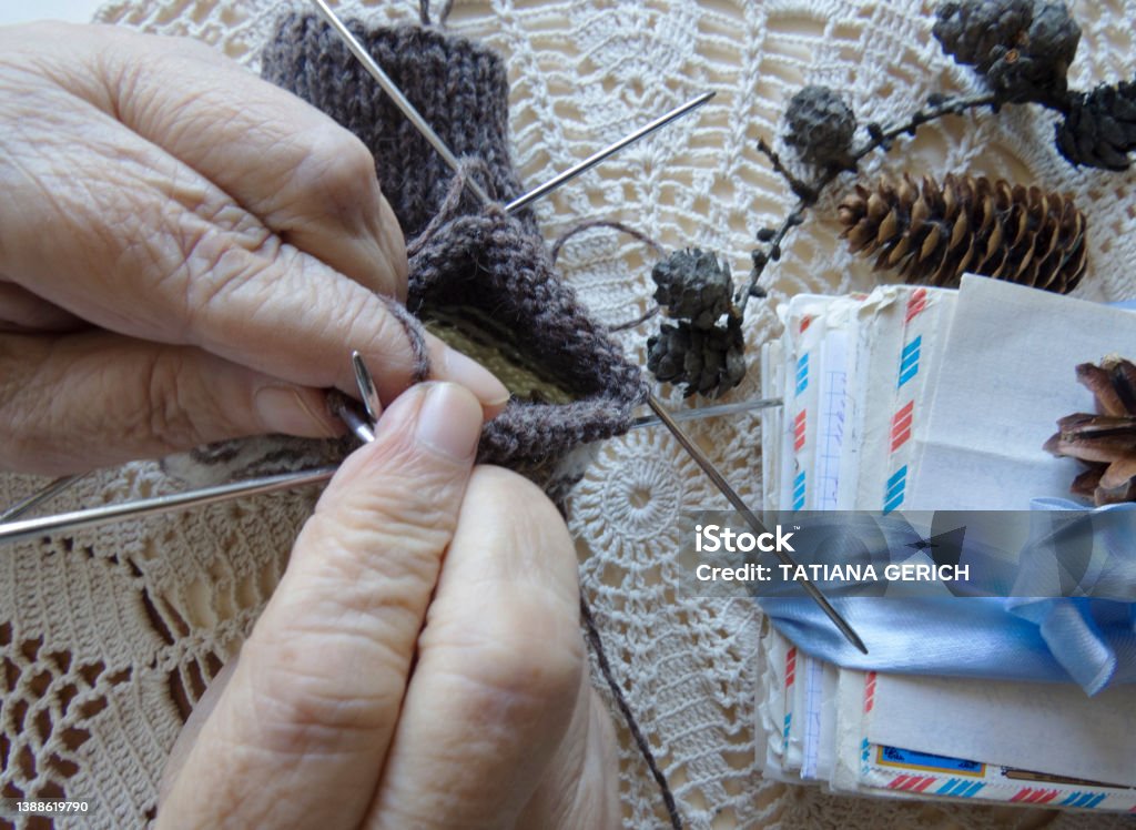 Hand Of A Old Woman Wrinkled Female Hands With Knitting Closeup Stock