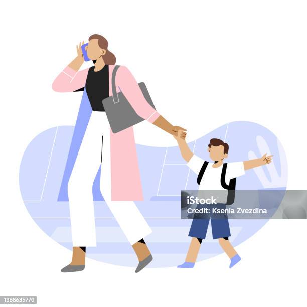 Pengusaha Ibu Berjalan Anak Ke Sekolah Atau Kindergarden Di Jalan ... Pengusaha Ibu Berjalan Anak Ke Sekolah Atau Kindergarden Di Jalan ...