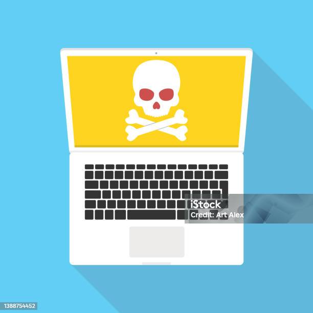 Laptop Dengan Tengkorak Di Layar Konsep Virus Pembajakan Peretasan Dan