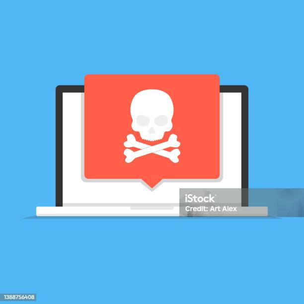 Laptop Dengan Tengkorak Di Layar Konsep Virus Pembajakan Peretasan Dan