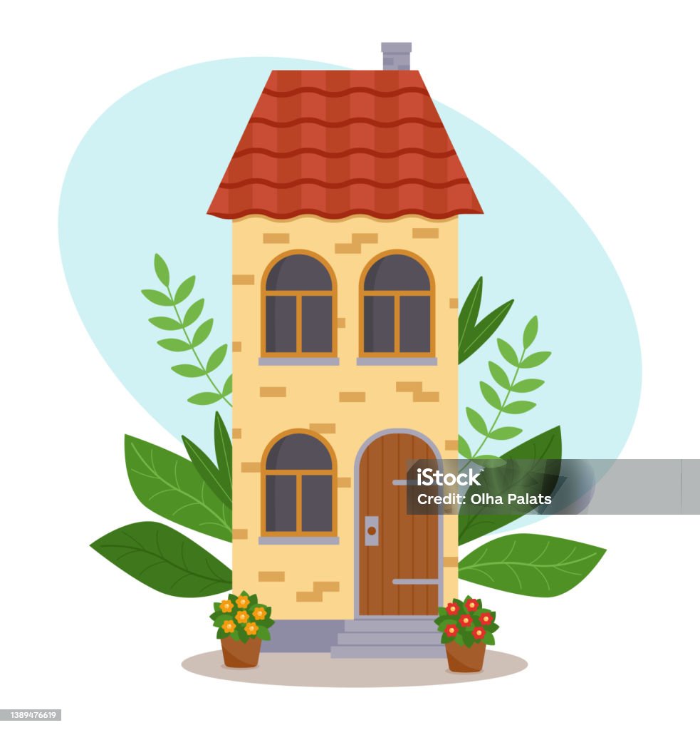 Jolie Maison De Dessin Animé Avec Un Toit Rouge Avec Des Feuilles ... Jolie Maison De Dessin Animé Avec Un Toit Rouge Avec Des Feuilles ...