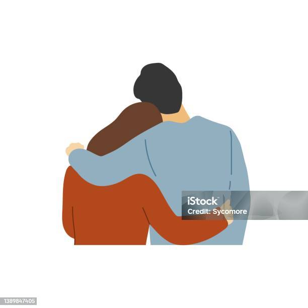 Couple Heureux Ou Jeune Famille Qui Sembrasse Vue Arrière Illustration Vectorielle Dessinée À La