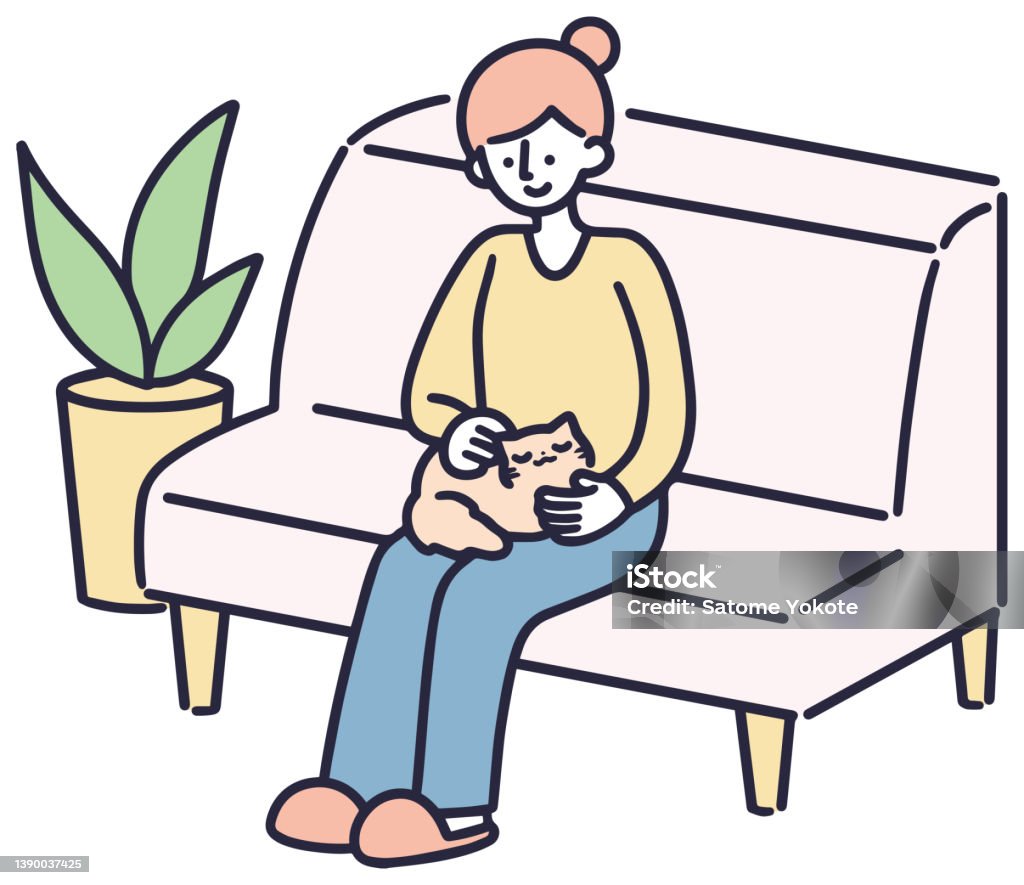 自宅で猫を撫でる女性 シンプルなイラスト イラストレーションのベクターアート素材や画像を多数ご用意 イラストレーション カワイイ