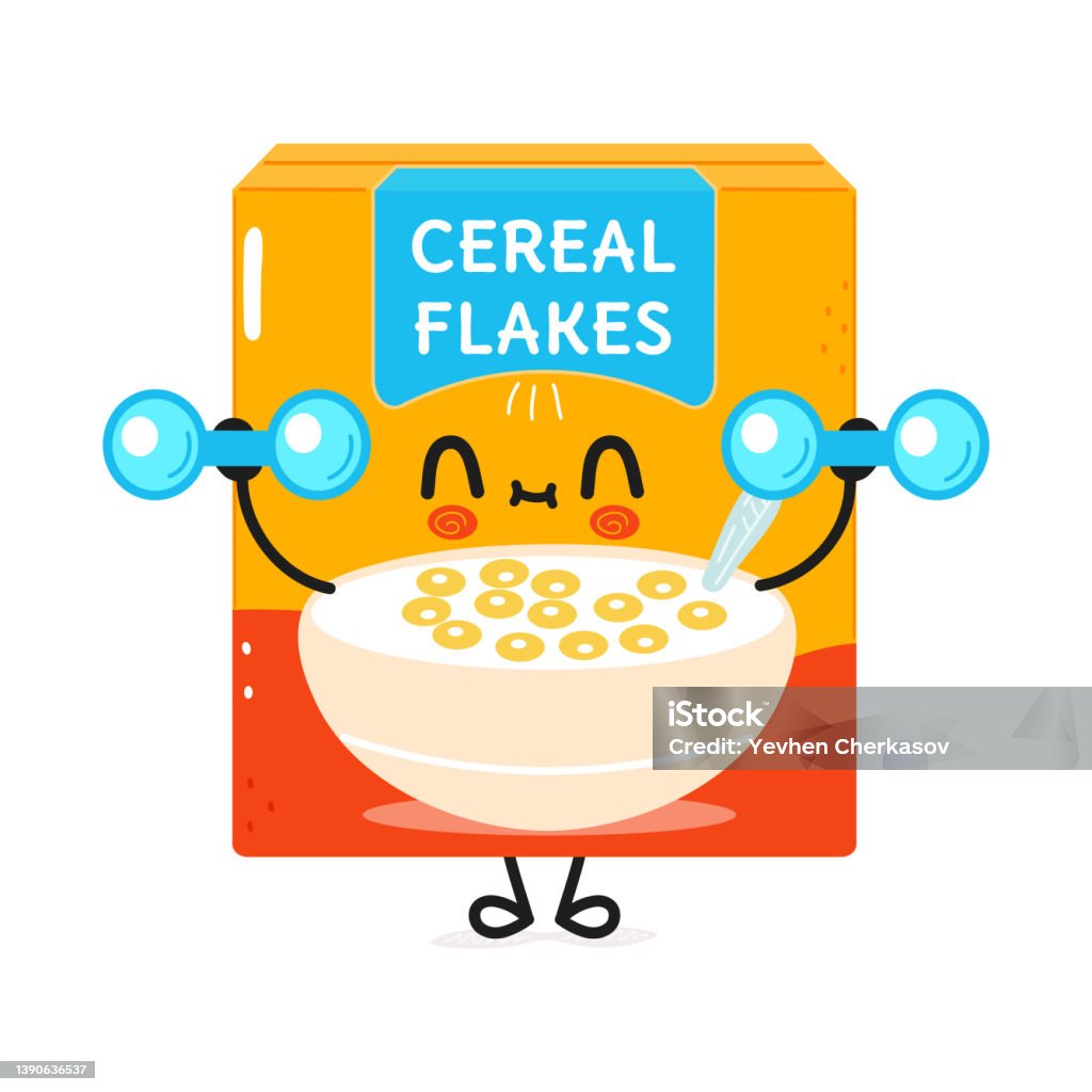 Lucu Sereal Flakes Karakter Dengan Dumbbells Vektor Tangan Digambar