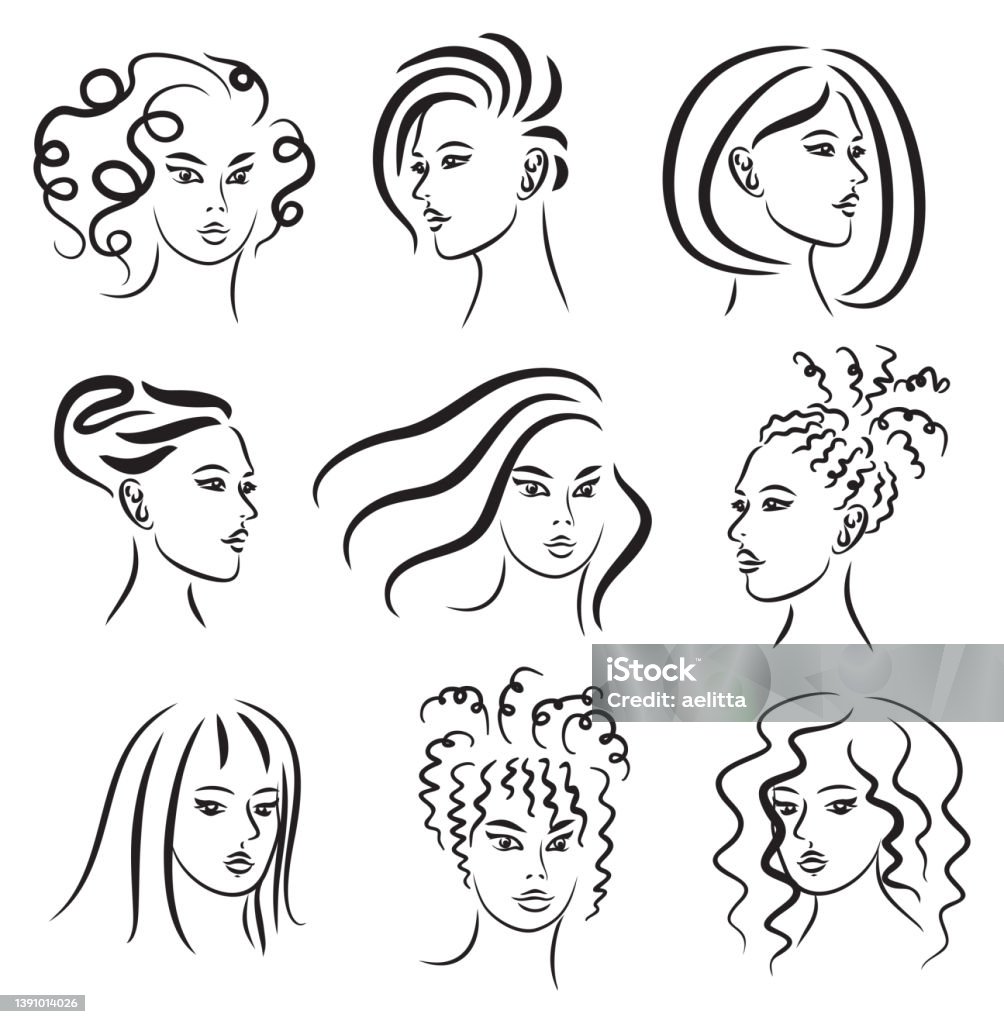 Hair Styles Set Drawings Of Nine Women Who Have Different Hairstyles
