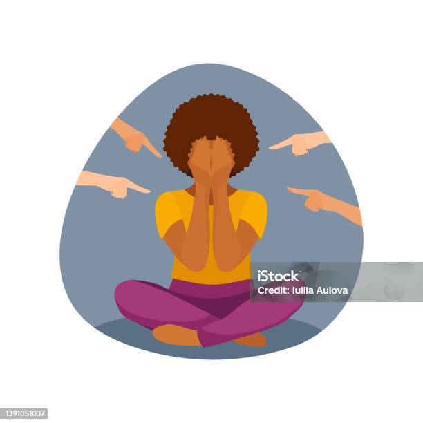 Darkskinned Girl Sitting Upset Surrounded By Pointing Hands Stock