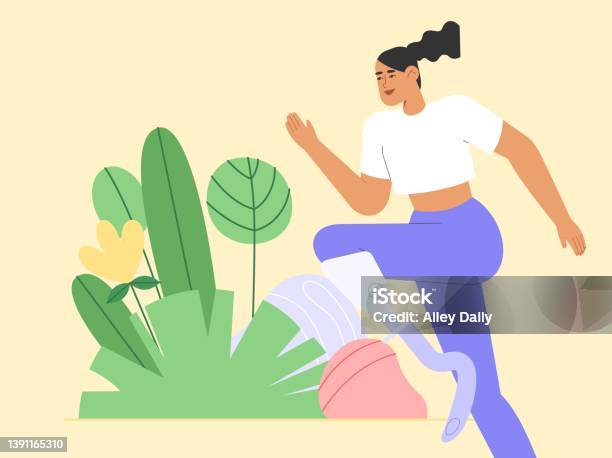 Ilustrasi Vektor Datar Dengan Wanita Cacat Muda Berlari Di Taman Konsep