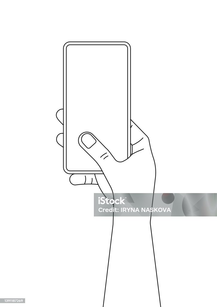 Hand Holds Mobile Phone Line Art Sketch Vector Illustration Stok Vektör
