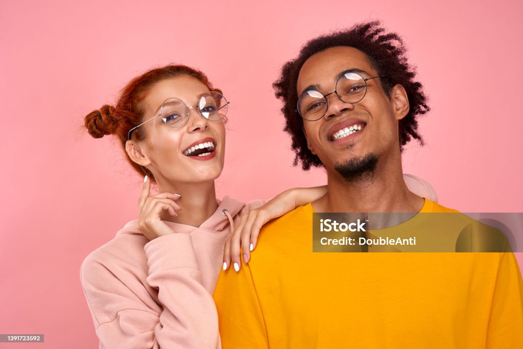 Mixed Race Couple In Love With Glasses Of Positive Dark Skinned Guy Date With Red Haired