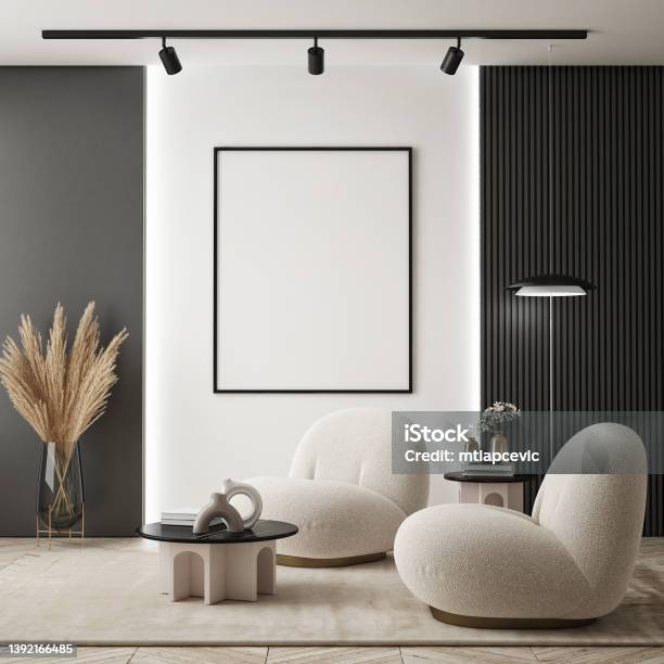 Bingkai Poster Mock Up Dengan Latar Belakang Interior Modern Ruang Tamu