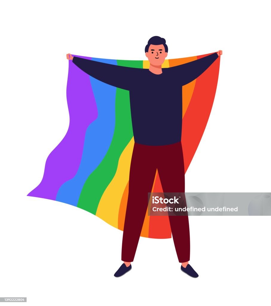 Guy Holding Rainbow Flag Lgbt Pride Man Raised His Hands Isolated On
