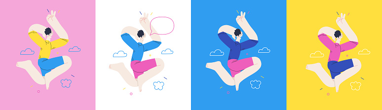 Kebahagiaan Orang Bahagia Melompat Di Udara Dengan Riang Ilustrasi Stok