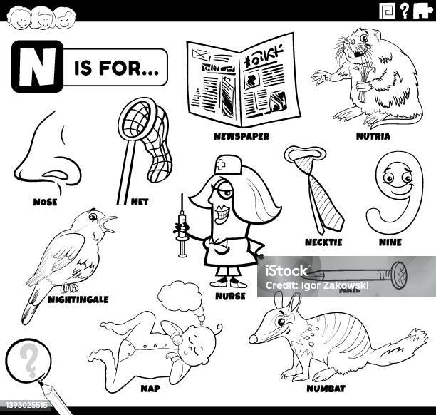 Letter N Words Educational Set Coloring Book Page向量圖形及更多塗色書頁 製圖技術圖片