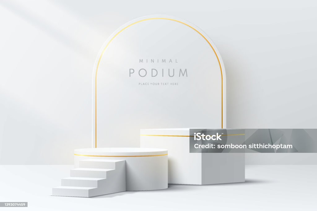 Kubus 3d Putih Dan Emas Realistis Dan Podium Alas Silinder Diatur Dalam