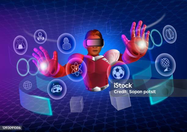 Konsep Teknologi Metaverse Seorang Pria Menggunakan Kacamata Realitas
