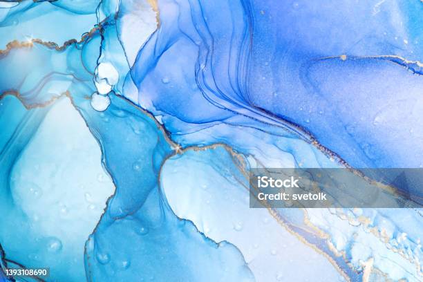Fond Daquarelle Liquide Bleu Cyan Avec Des Taches Dorées Effet De