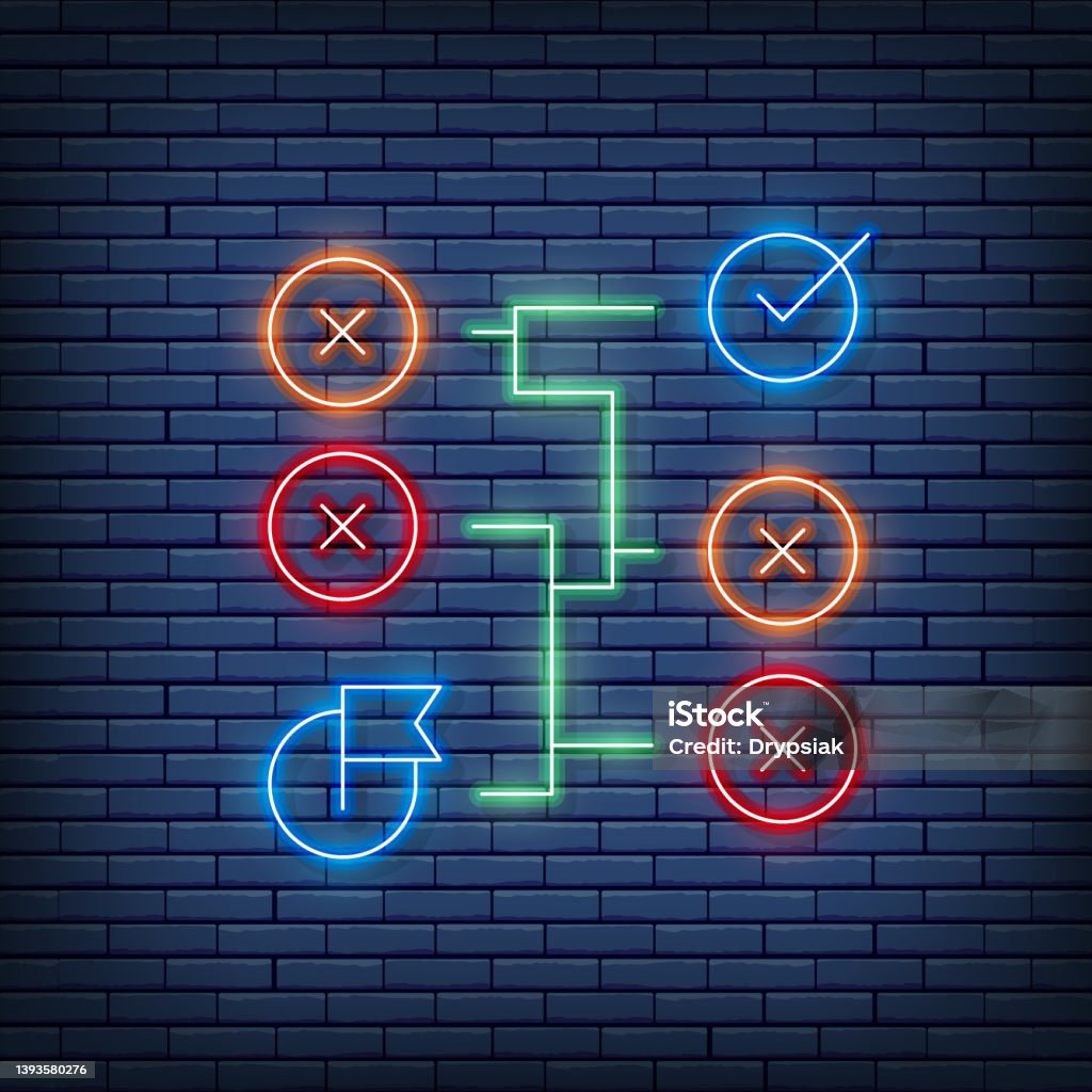 Vector Correct Solution Labyrinth Algorithm Neon Sign Vector Illustration In Neon Style Stock
