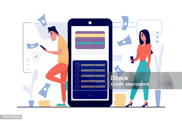 Concept De Banque Mobile Dans Un Dessin Animé Plat Lhomme Et La Femme
