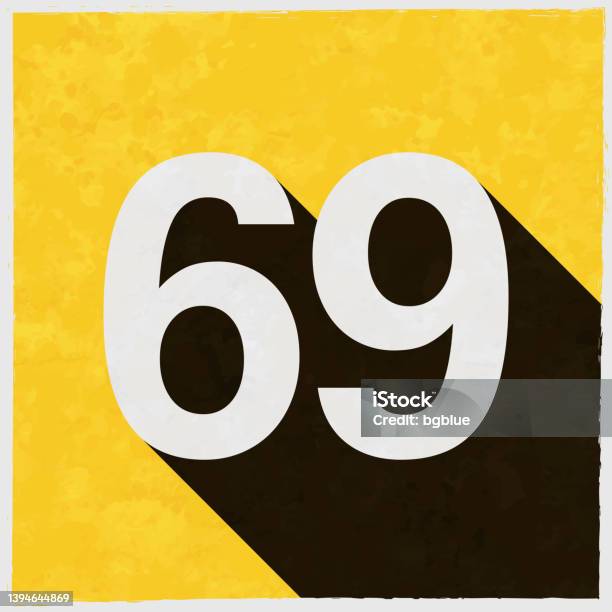 69 Number Sixtynine Icon With Long Shadow On Textured Yellow Background