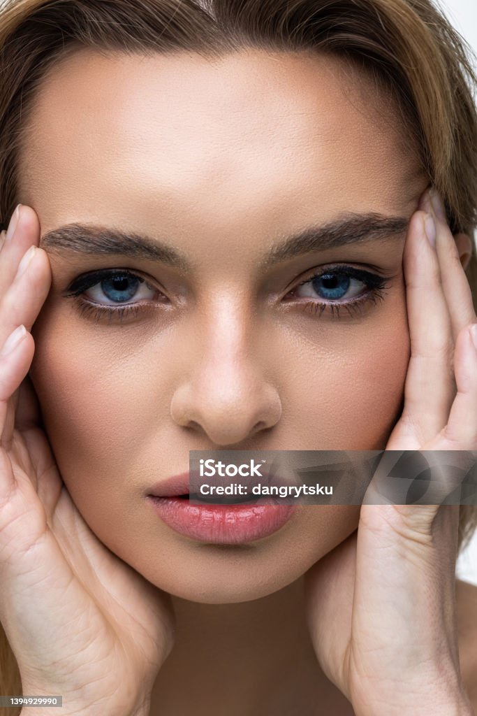 Beauty Face Young Woman Natural Healthy Cosmetic Skin Isolated On Gray