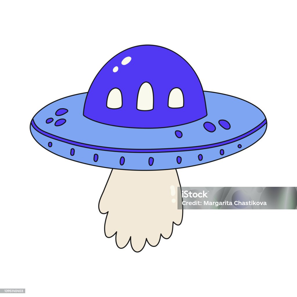 Ufo Biru Lucu Terbang Ilustrasi Vektor Kapal Luar Angkasa Alien Stiker