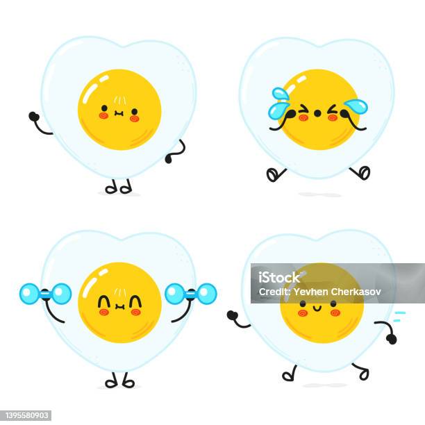 Funny Cute Happy Fried Egg Characters Bundle Set Vector Hand Drawn