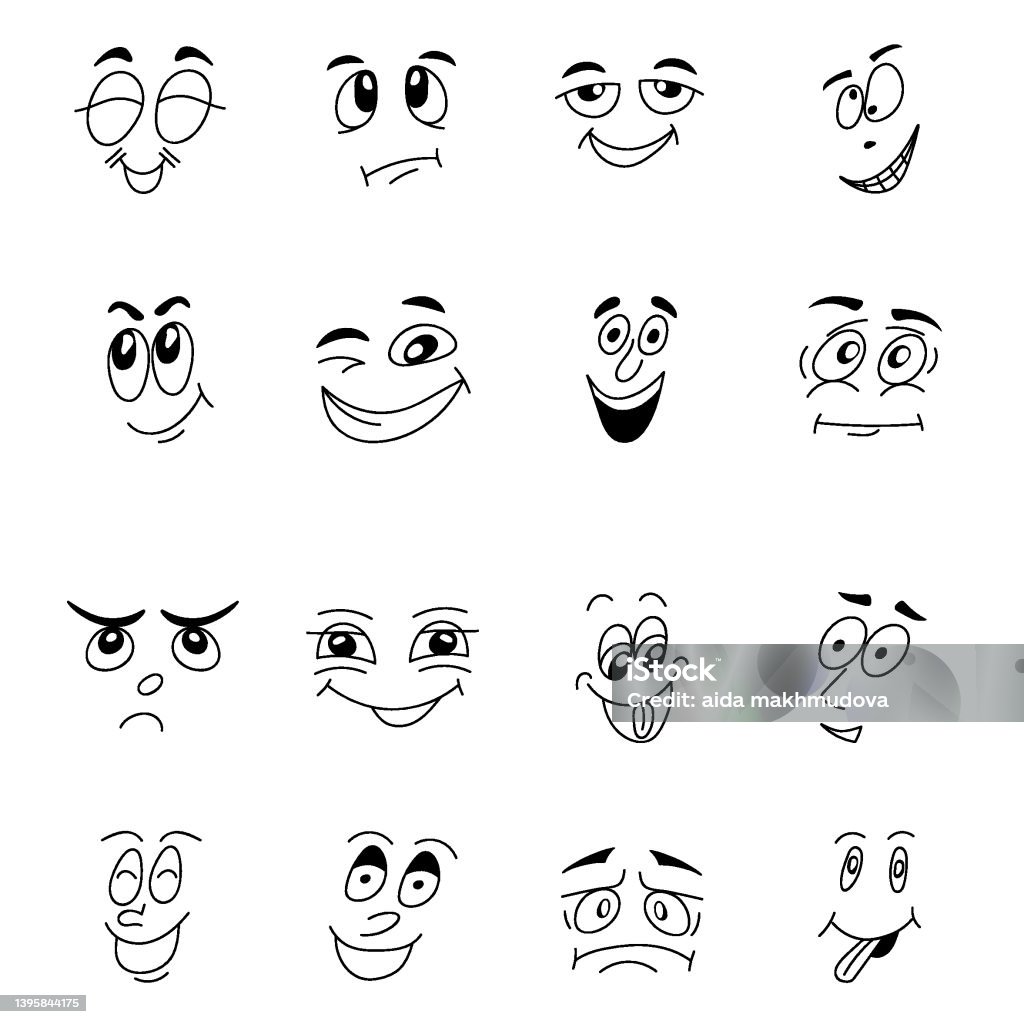 Set Of Funny Cartoon Faces With Black Outline Stok Vektör Sanatı