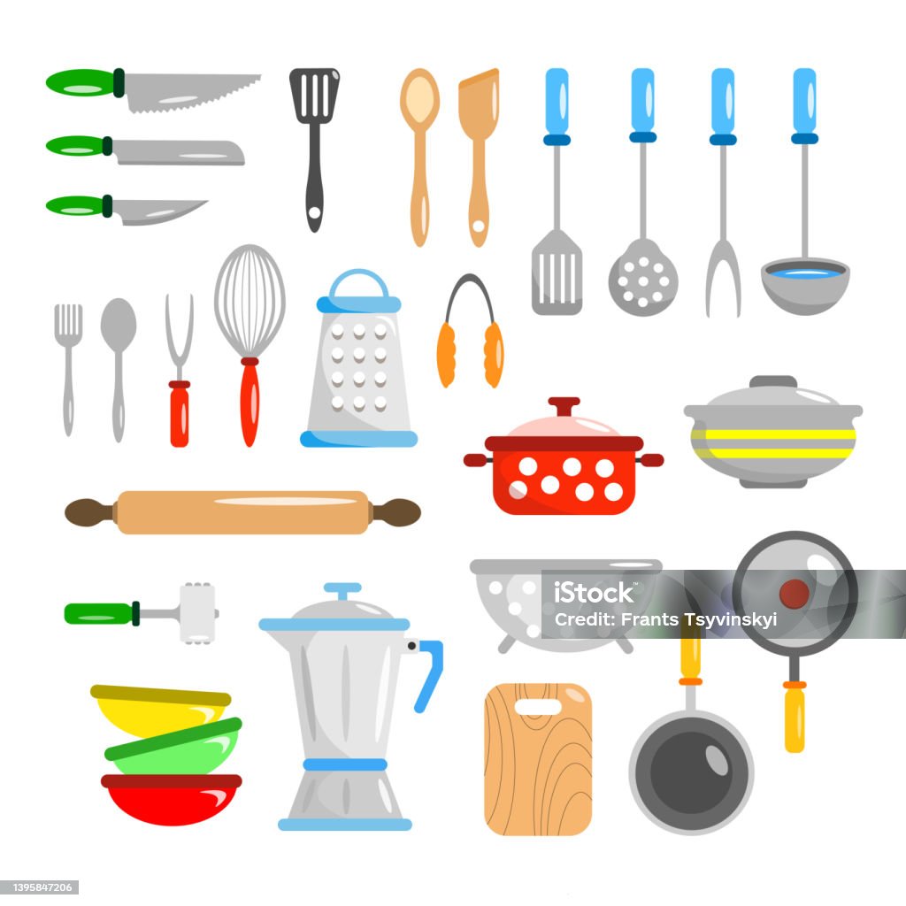 Ensemble Doutils De Cuisine Colorés Dans Un Style Dessin Animé