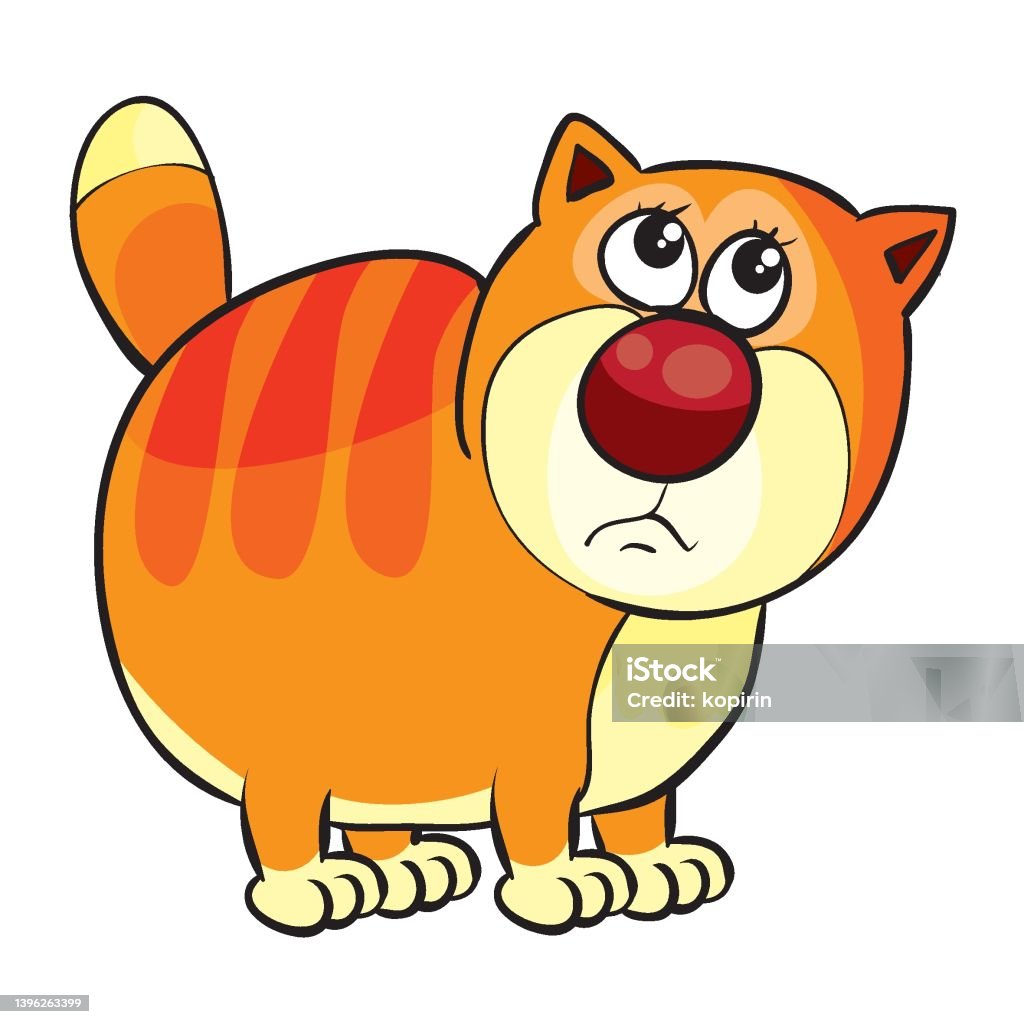 Vetores De Gato Vermelho Gordo Imprudente Em Listras Ilustração De Desenho Animado Objeto