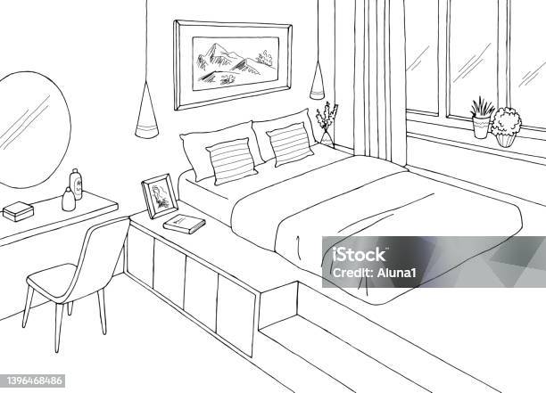 Grafik Kamar Tidur Hitam Putih Interior Sketsa Sketsa Vektor Ilustrasi Stok Unduh Gambar