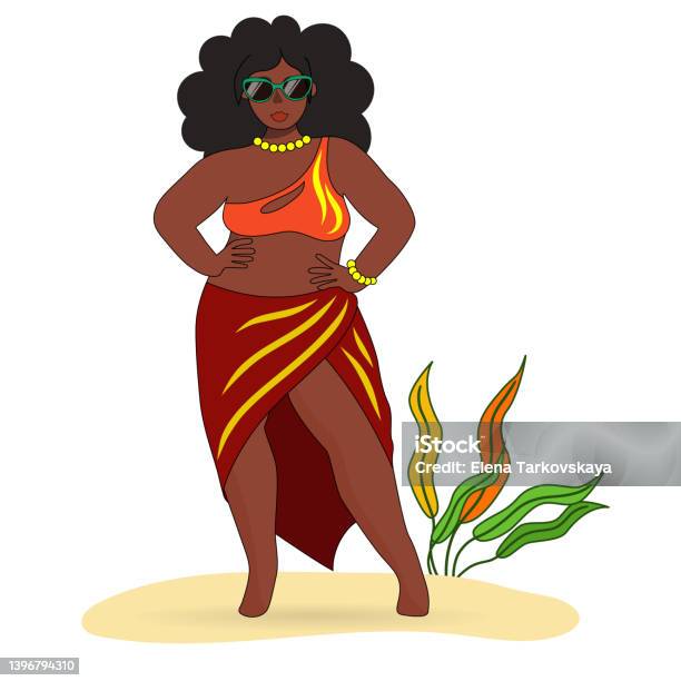 Beautiful Body Positive Darkskinned Girl In A Swimsuit Pareo And