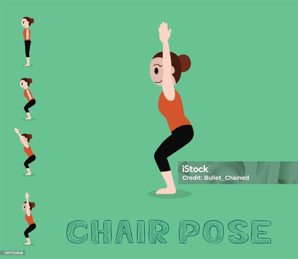 Yoga Tutorial Chair Pose Cute Cartoon Vector Illustration Stok Vektör Sanatı And Aktif Hayat Tarzı